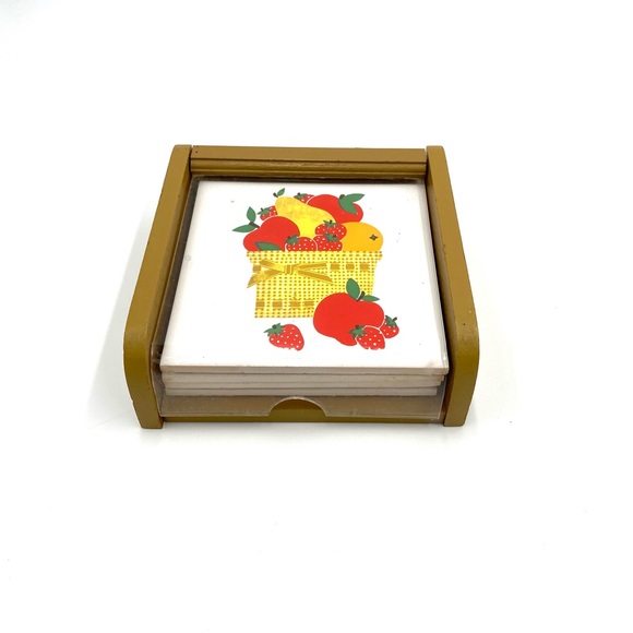 Accents | Vintage Coaster Set Ceramic And Cork With Wooden Storage Set ...